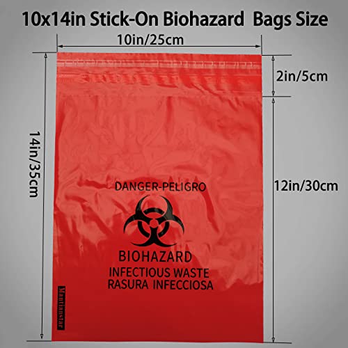 Mantianstar 100pcs Medical Grade No Leak Bags Stick On Biohazard Bags 10x14in/25x35cm Stick-on Infectious Red Waste Bags