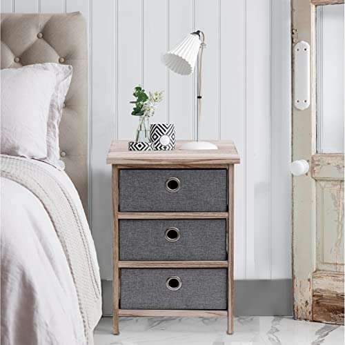 ECOMEX Nightstand Set of 2, Nightstands with Drawer, Wood Nightstand Easy Assembly Bedside Table with 3 Fabric Drawers,Small Nightstand for Bedroom.Grey