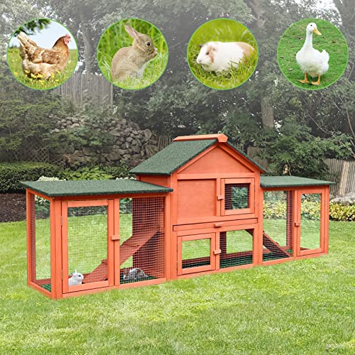 Arlopu 83" Rabbit Hutch Outdoor, Extra-Large Wooden Rabbit Cages Indoor, Bunny Poultry Animals Pet Cages, Weather-Proof Hamster House w/Removable Tray, 2 Ramps, 4 Ventilation Doors, for Yard, Farm