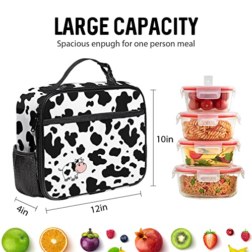 Lunch Bag for Teen Boys Girls, Stylish Reusable Insulated Lunch Box with Side Pocket for Adult and Kids, Durable Cooler Lunch Tote Bag with Detachable Handle for School Work (Cute Cow)