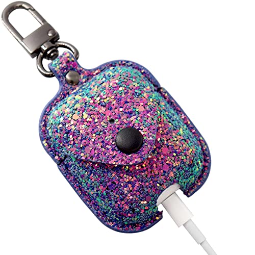 ONGHSD Bling Shiny PU Leather Carrying Case for AirPods 1 & 2 Charging Case Cover Women Girls Protective Case Glitter with Sequins Pocket Pouch for AirPods 1st 2nd Generation Case (Purple)