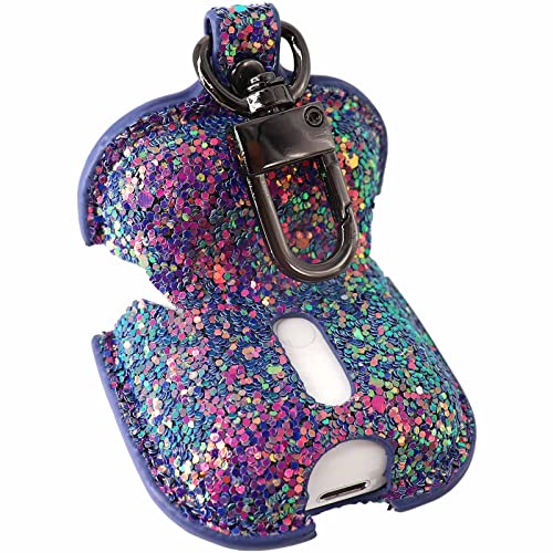 ONGHSD Bling Shiny PU Leather Carrying Case for AirPods 1 & 2 Charging Case Cover Women Girls Protective Case Glitter with Sequins Pocket Pouch for AirPods 1st 2nd Generation Case (Purple)