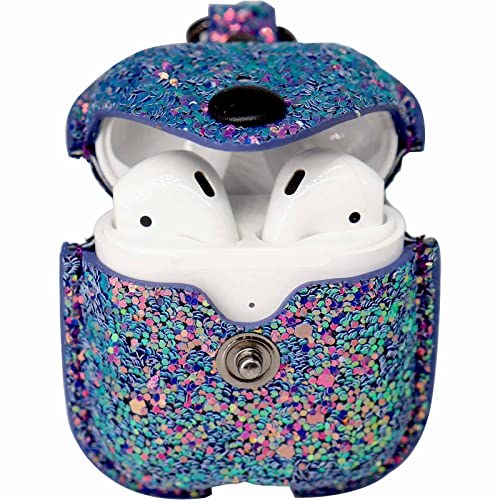 ONGHSD Bling Shiny PU Leather Carrying Case for AirPods 1 & 2 Charging Case Cover Women Girls Protective Case Glitter with Sequins Pocket Pouch for AirPods 1st 2nd Generation Case (Purple)