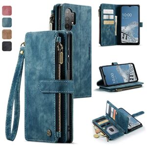 reeginch samsung galaxy a13 5g case, samsung a13 4g wallet case for women men, durable pu leather case magnetic flip zipper card holder wristlet strap kickstand phone case for samsung galaxy a13, blue