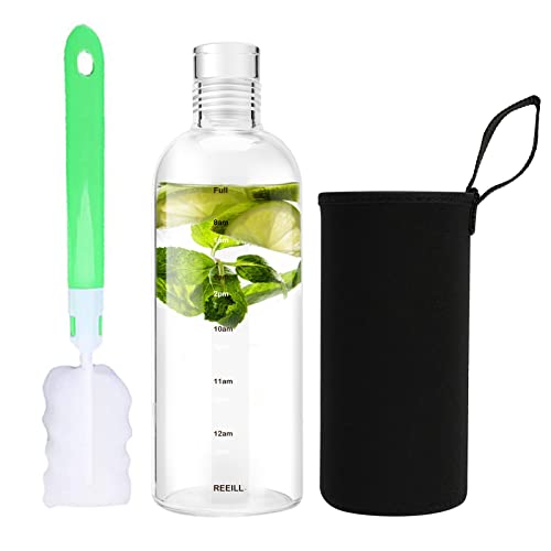 Clear Glass Water Bottles With Time Marker Non-slip Sleeve And Lids, Reusable Glass Drinking Bottles, Drink Water Bottle 26 Oz，Suitable For Drinks, Juices, Sodas, Coke, As Gifts Etc.(750ml)