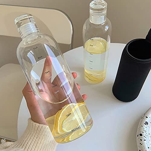 Clear Glass Water Bottles With Time Marker Non-slip Sleeve And Lids, Reusable Glass Drinking Bottles, Drink Water Bottle 26 Oz，Suitable For Drinks, Juices, Sodas, Coke, As Gifts Etc.(750ml)