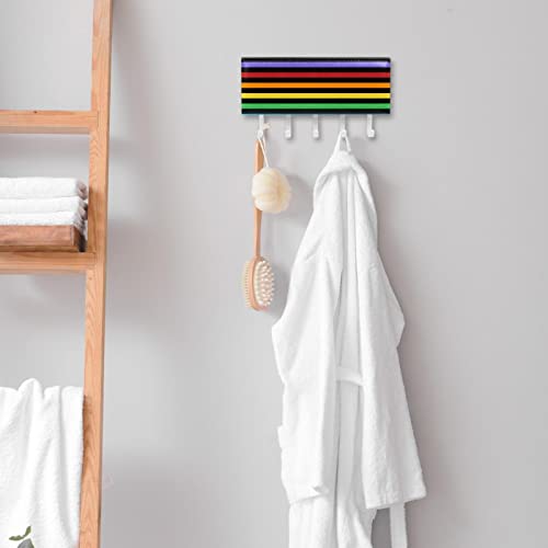 Colorful Horizontal Lines Striped Pattern with Black Background Mail Holder Organizer and Key Hooks PU Front, Self Adhesive Key Rack with 5 Hooks Perfect for Entryway, Hallway，Bathroom ，Kitchen