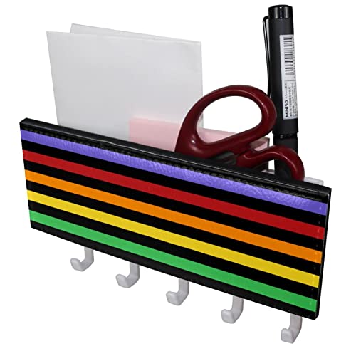 Colorful Horizontal Lines Striped Pattern with Black Background Mail Holder Organizer and Key Hooks PU Front, Self Adhesive Key Rack with 5 Hooks Perfect for Entryway, Hallway，Bathroom ，Kitchen