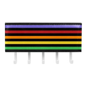 Colorful Horizontal Lines Striped Pattern with Black Background Mail Holder Organizer and Key Hooks PU Front, Self Adhesive Key Rack with 5 Hooks Perfect for Entryway, Hallway，Bathroom ，Kitchen