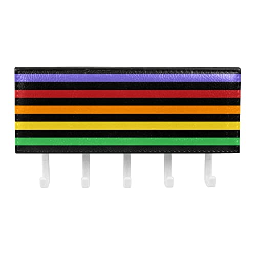 Colorful Horizontal Lines Striped Pattern with Black Background Mail Holder Organizer and Key Hooks PU Front, Self Adhesive Key Rack with 5 Hooks Perfect for Entryway, Hallway，Bathroom ，Kitchen