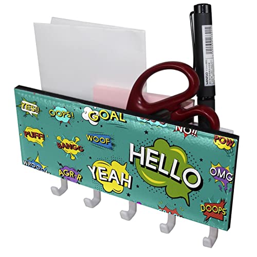 Collection of Explosion Comic Mail Holder Organizer and Key Hooks PU Front, Self Adhesive Key Rack with 5 Hooks Perfect for Entryway, Hallway，Bathroom ，Kitchen