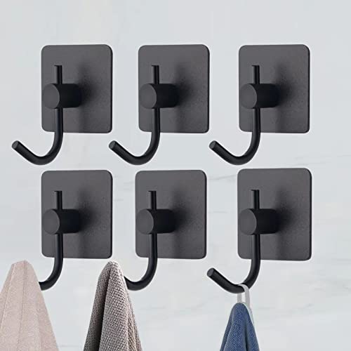 VAEHOLD Adhesive Wall Hooks, Heavy Duty Sticky Holder Waterproof Aluminum Towel Hooks for Hanging Coat, Hat, Key, Clothes, Closet Hook Wall Mount for Kitchen, Bathroom, Office (6, Black)