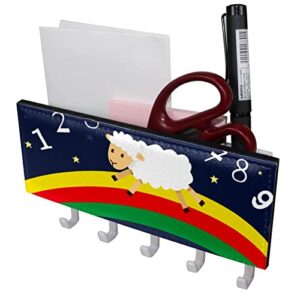 bed time sheep rainbow night mail holder organizer and key hooks pu front, self adhesive key rack with 5 hooks perfect for entryway, hallway，bathroom ，kitchen