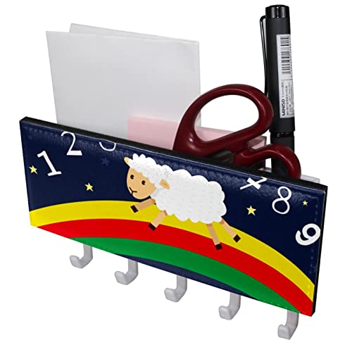 Bed Time Sheep Rainbow Night Mail Holder Organizer and Key Hooks PU Front, Self Adhesive Key Rack with 5 Hooks Perfect for Entryway, Hallway，Bathroom ，Kitchen