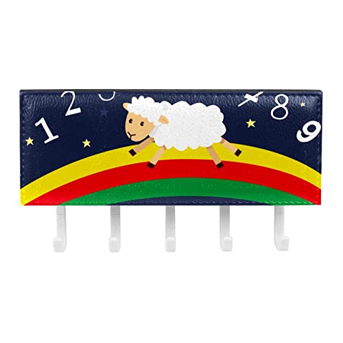 Bed Time Sheep Rainbow Night Mail Holder Organizer and Key Hooks PU Front, Self Adhesive Key Rack with 5 Hooks Perfect for Entryway, Hallway，Bathroom ，Kitchen