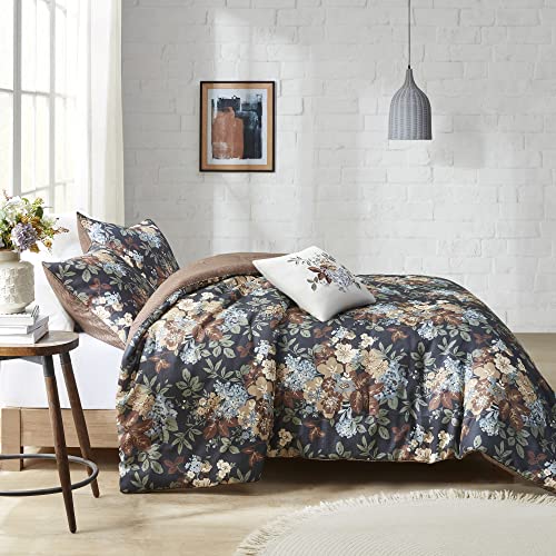 Madison Park Amelie Comforter Set - Feminine Design Colorful Floral Print, All Season Down Alternative Bedding Layer and Matching Shams, Full/Queen, Black 4 Piece