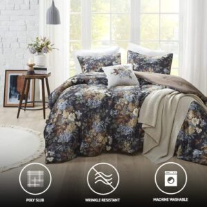 Madison Park Amelie Comforter Set - Feminine Design Colorful Floral Print, All Season Down Alternative Bedding Layer and Matching Shams, Full/Queen, Black 4 Piece