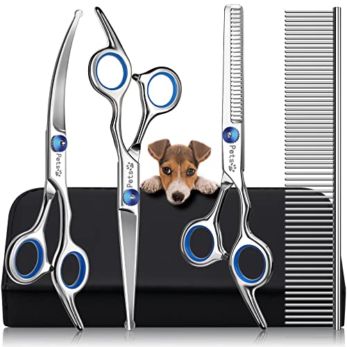 Pets vv Dog Grooming Scissors Kit with Safety Round Tips, Stainless Steel 5 in 1 Dog Grooming Supplies Shears Tools Comb Set, Professional Pet Grooming Scissors Thinning Curved Shears for Dogs & Cats