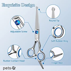 Pets vv Dog Grooming Scissors Kit with Safety Round Tips, Stainless Steel 5 in 1 Dog Grooming Supplies Shears Tools Comb Set, Professional Pet Grooming Scissors Thinning Curved Shears for Dogs & Cats