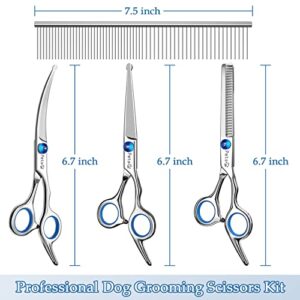 Pets vv Dog Grooming Scissors Kit with Safety Round Tips, Stainless Steel 5 in 1 Dog Grooming Supplies Shears Tools Comb Set, Professional Pet Grooming Scissors Thinning Curved Shears for Dogs & Cats