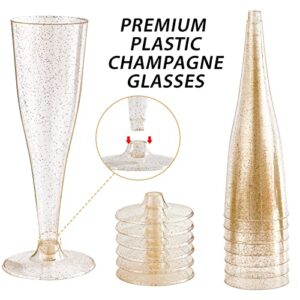 FOCUSLINE 100 Pack Plastic Champagne Flutes, 4.5 Oz Gold Glitter Plastic Champagne Glasses, Disposable Clear Toasting Glasses Recyclable Plastic Champagne Cups for Wedding Party