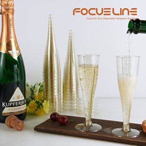 FOCUSLINE 100 Pack Plastic Champagne Flutes, 4.5 Oz Gold Glitter Plastic Champagne Glasses, Disposable Clear Toasting Glasses Recyclable Plastic Champagne Cups for Wedding Party