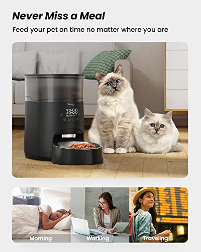 Petiigo Automatic Cat Feeder, 4L Timed BPA Free Cat Feeder Clog-Free Design for Pet Dry Food with Stainless Steel Bowl, Twist Lock Lid&Voice Recorder, Programmable Control 1-5 Meals Day for Cats/Dogs