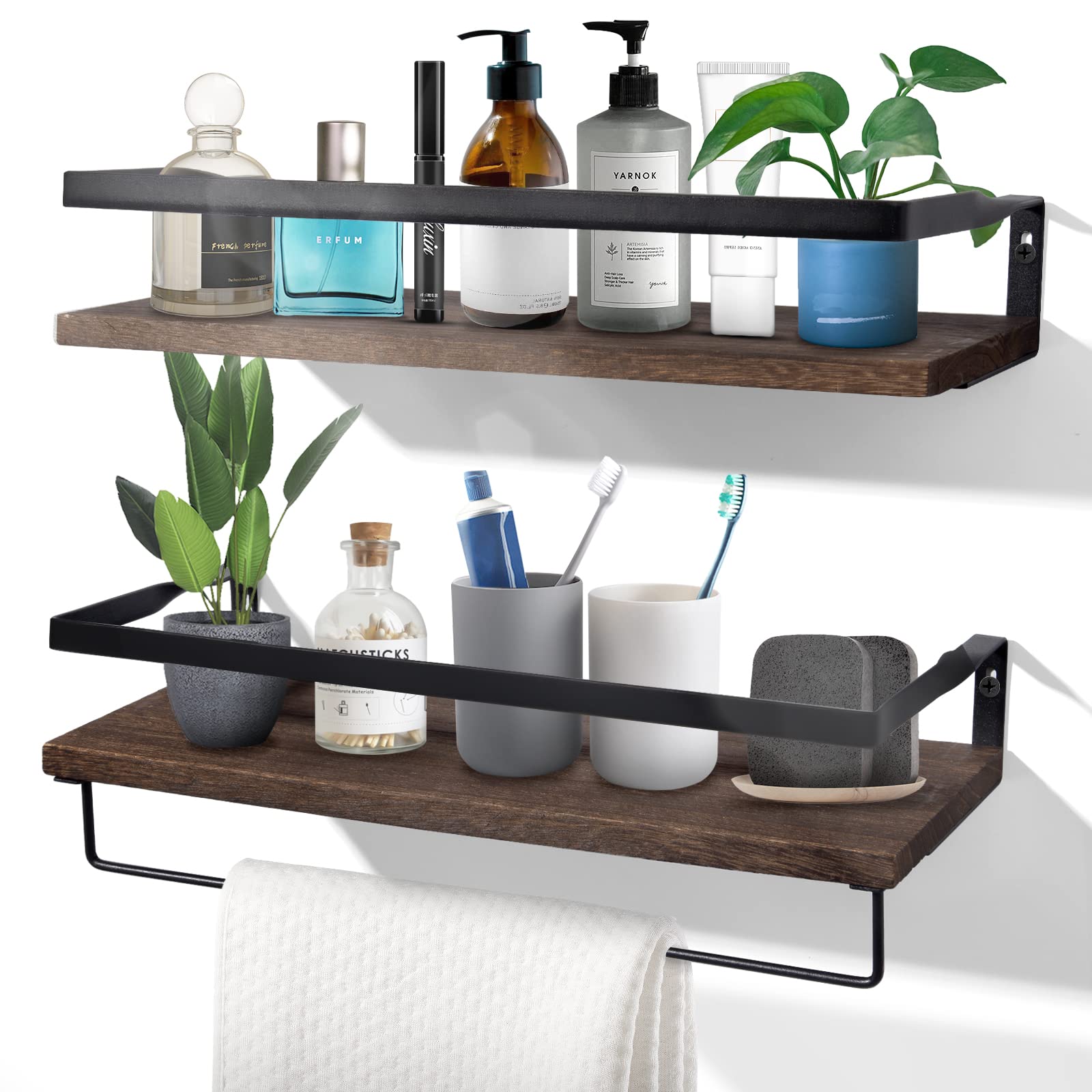 Uten Floating Shelves, Wall Shelves Set of 2, Wall Mounted for Bathroom, Bedroom, Kitchen, Bathroom Shelf with Towel Bar, Sturdy Structure, Easy Installation