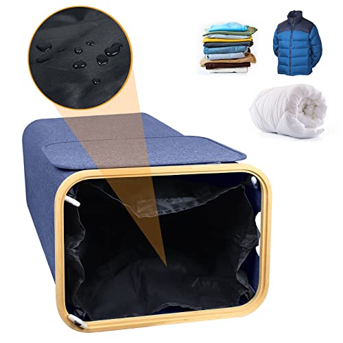 BRIAN & DANY Laundry Basket with Lid, Large Collapsible Laundry Baskets with Bamboo Handles, Laundry Hamper with Removable Bag Liner for Bathroom and Bedroom - Blue