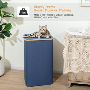 BRIAN & DANY Laundry Basket with Lid, Large Collapsible Laundry Baskets with Bamboo Handles, Laundry Hamper with Removable Bag Liner for Bathroom and Bedroom - Blue