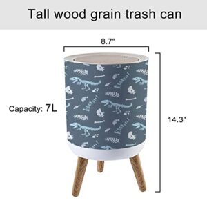 Small Trash Can with Lid Dinosaur Skeleton and Fossils Seamless Original Design with t rex Round Recycle Bin Press Top Dog Proof Wastebasket for Kitchen Bathroom Bedroom Office 7L/1.8 Gallon