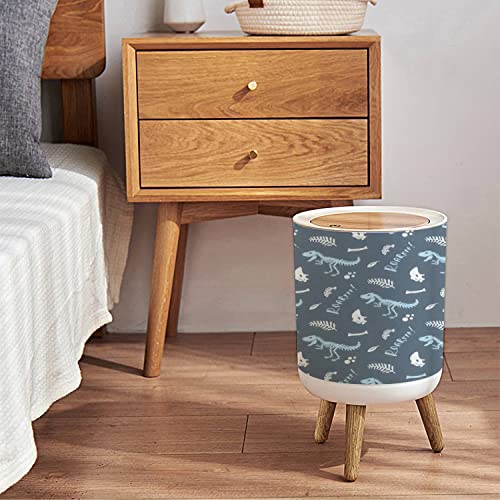 Small Trash Can with Lid Dinosaur Skeleton and Fossils Seamless Original Design with t rex Round Recycle Bin Press Top Dog Proof Wastebasket for Kitchen Bathroom Bedroom Office 7L/1.8 Gallon