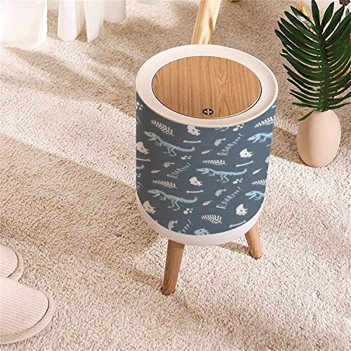 Small Trash Can with Lid Dinosaur Skeleton and Fossils Seamless Original Design with t rex Round Recycle Bin Press Top Dog Proof Wastebasket for Kitchen Bathroom Bedroom Office 7L/1.8 Gallon