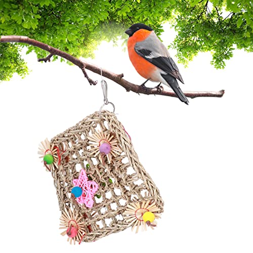 Bird Climbing Net,Straw Braid Rope Net Hammock Ladder Bird Toy Hanging Foraging Wall Toys with Hanging Hook for Parakeet Cockatiel Budgie Lovebird