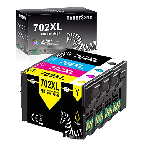 702XL TonerSave Remanufactured 702 T702XL 702 XL Ink Cartridge for Epson Workforce Pro WF-3720 WF-3730 WF-3733 (4-Pack, Black Cyan Magenta Yellow, Epson 702)