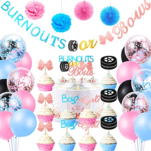 54 Pcs Burnouts or Bows Gender Reveal Decorations Gender Reveal Banner Boy or Girl Cake Topper Pink and Blue Balloons Flower Tissue Pom Poms Paper Fans Party Decorations for Baby Shower Party Supplies