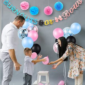 54 Pcs Burnouts or Bows Gender Reveal Decorations Gender Reveal Banner Boy or Girl Cake Topper Pink and Blue Balloons Flower Tissue Pom Poms Paper Fans Party Decorations for Baby Shower Party Supplies