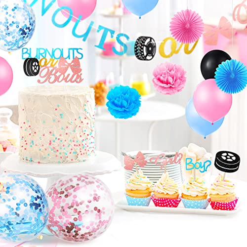 54 Pcs Burnouts or Bows Gender Reveal Decorations Gender Reveal Banner Boy or Girl Cake Topper Pink and Blue Balloons Flower Tissue Pom Poms Paper Fans Party Decorations for Baby Shower Party Supplies