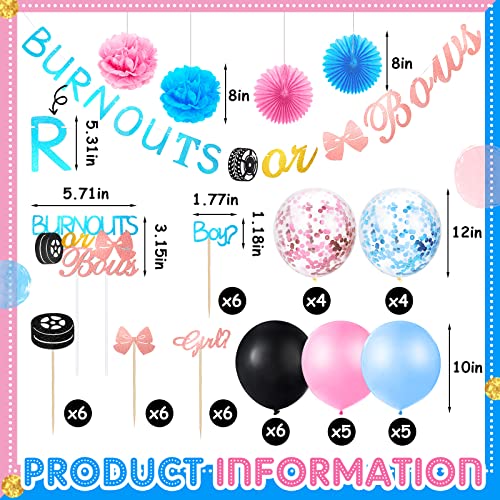 54 Pcs Burnouts or Bows Gender Reveal Decorations Gender Reveal Banner Boy or Girl Cake Topper Pink and Blue Balloons Flower Tissue Pom Poms Paper Fans Party Decorations for Baby Shower Party Supplies