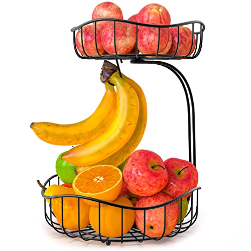 Weronique 2-Tier Countertop Fruit Basket Fruits Vegetables Storage Bowl Stand Holder with Banana Hanger, Black