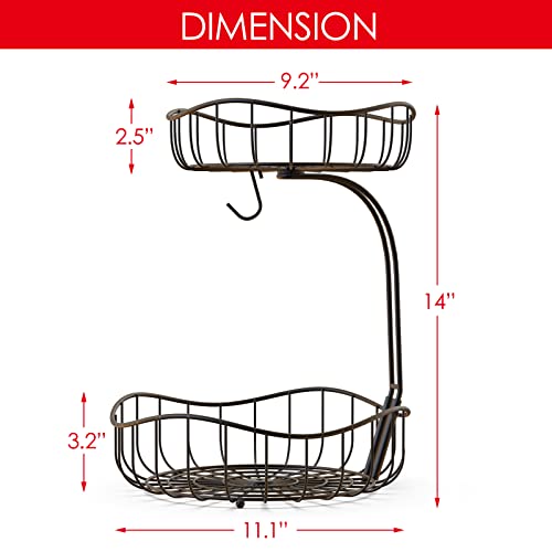 Weronique 2-Tier Countertop Fruit Basket Fruits Vegetables Storage Bowl Stand Holder with Banana Hanger, Black