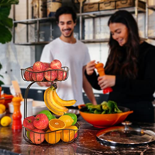 Weronique 2-Tier Countertop Fruit Basket Fruits Vegetables Storage Bowl Stand Holder with Banana Hanger, Black