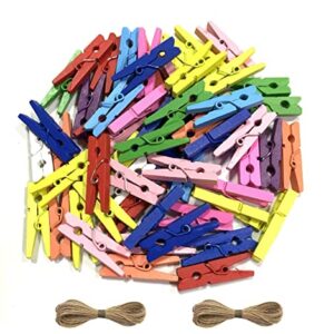 200 Pack Colored Wooden Clothes Pins, 10 Colors Wooden Clothes Pins with 66FT Jute Twine, Rainbow Clips for Photos, Pictures, Clothing Hanging (2.83 in)