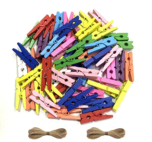 200 Pack Colored Wooden Clothes Pins, 10 Colors Wooden Clothes Pins with 66FT Jute Twine, Rainbow Clips for Photos, Pictures, Clothing Hanging (2.83 in)