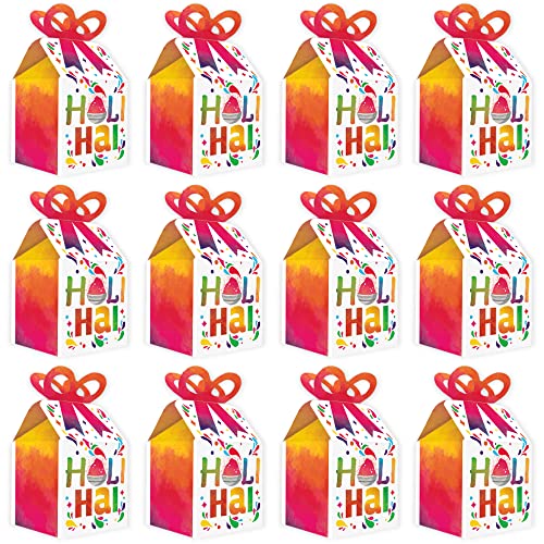 Big Dot of Happiness Holi Hai - Square Favor Gift Boxes - Festival of Colors Party Bow Boxes - Set of 12