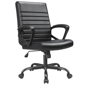 devoko office chair mid back desk chair pu leather executive office chair ribbed computer task chair swivel rolling chair with padded arms and pu wheels, black