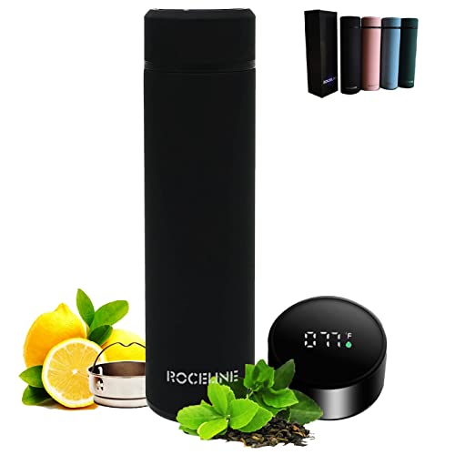 Roceline Stylish Smart Water Bottles with Digital Temperature Display Tea Infuser Bottle – Water Flask, Infuser water bottle, Smart Coffee Thermos – Black