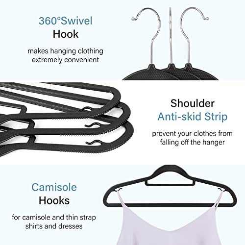 Premium Black Plastic Clothes Hangers Non Slip, Shoulder Grooveless Thin Plastic Hangers Space Saving for Closet, Heavy Duty Adult Coat Hangers Strong for Pants Scarf Suits Sweater Dresses (BLACK, 50)