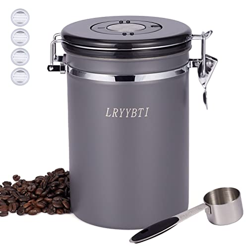 LRYYBTI Coffee Canisters, Airtight Stainless Steel Coffee Bean Storage Container with Scoop and Date Tracker & CO2 Release Valve, 22oz, Gray