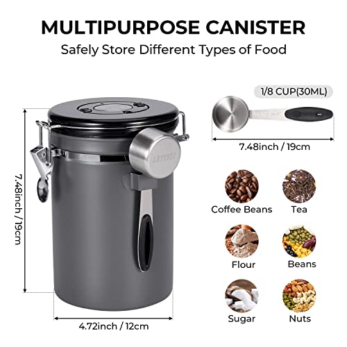 LRYYBTI Coffee Canisters, Airtight Stainless Steel Coffee Bean Storage Container with Scoop and Date Tracker & CO2 Release Valve, 22oz, Gray